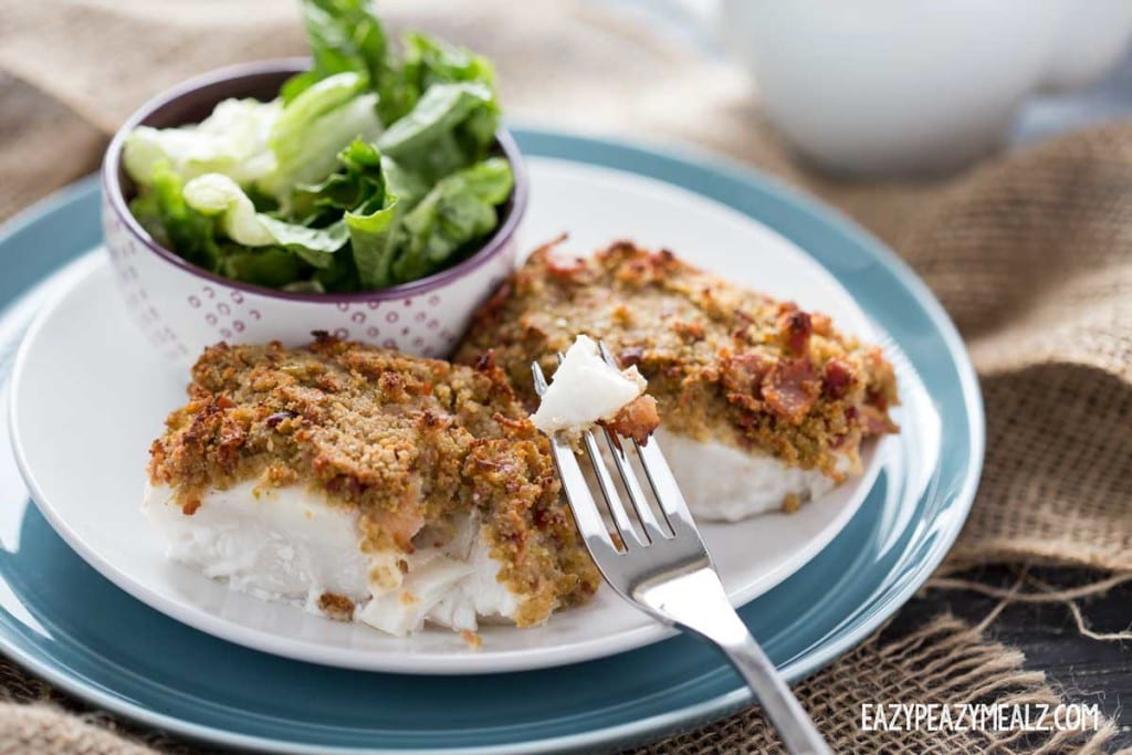Bacon and Bleu Cheese Tapenade Crusted White Fish - Easy Peasy Meals