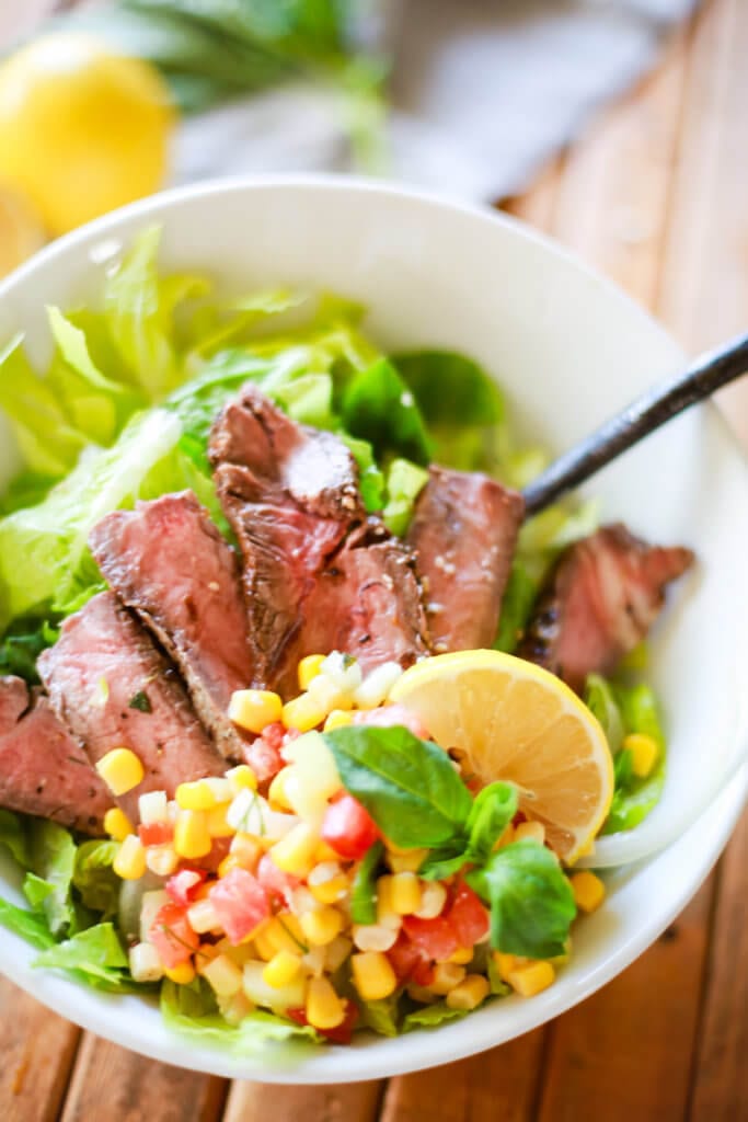Greek Marinated Steak with Corn Feta Relish - Easy Peasy Meals